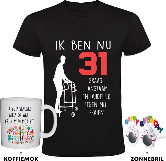 31 jaar Heren T-shirt + Koffiemok + Happy birthday bril - 31e ...