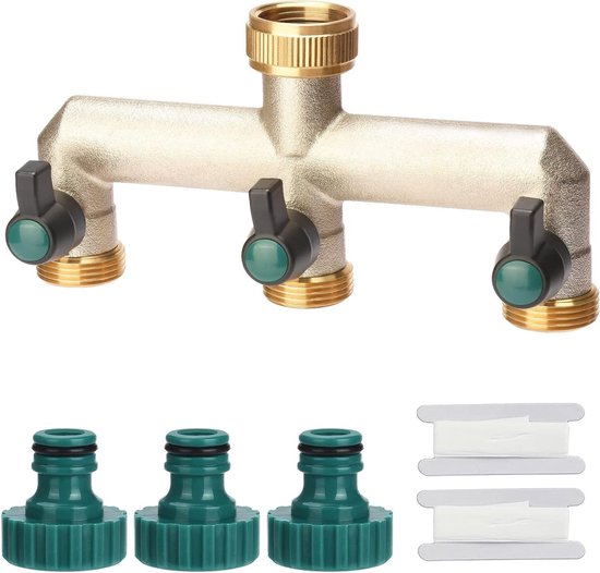 3-weg waterverdeler met waterkraan van messing - 3/4 inch kraan | bol