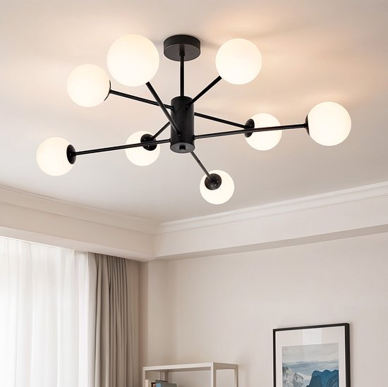 Design zwarte plafondlamp met melkwit glas - 8-lichts Idaho | bol