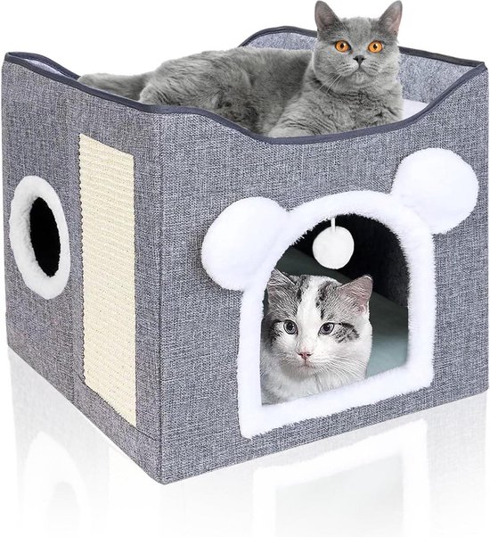 Opvouwbaar kattenhuis met terras en krabplank - Grijs - 2 lagen ...