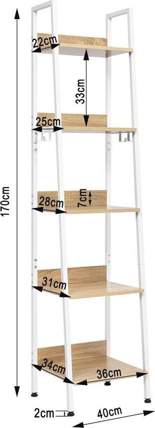 Smal industrieel opbergrek met 5 niveaus en haken - Wit MDF en metalen ...