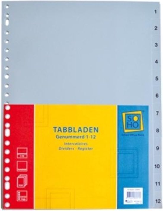 SOHO Tabbladen Kunststof 1 t/m 12 – Cijfer Tabbladen – Geschikt voor 2 ...