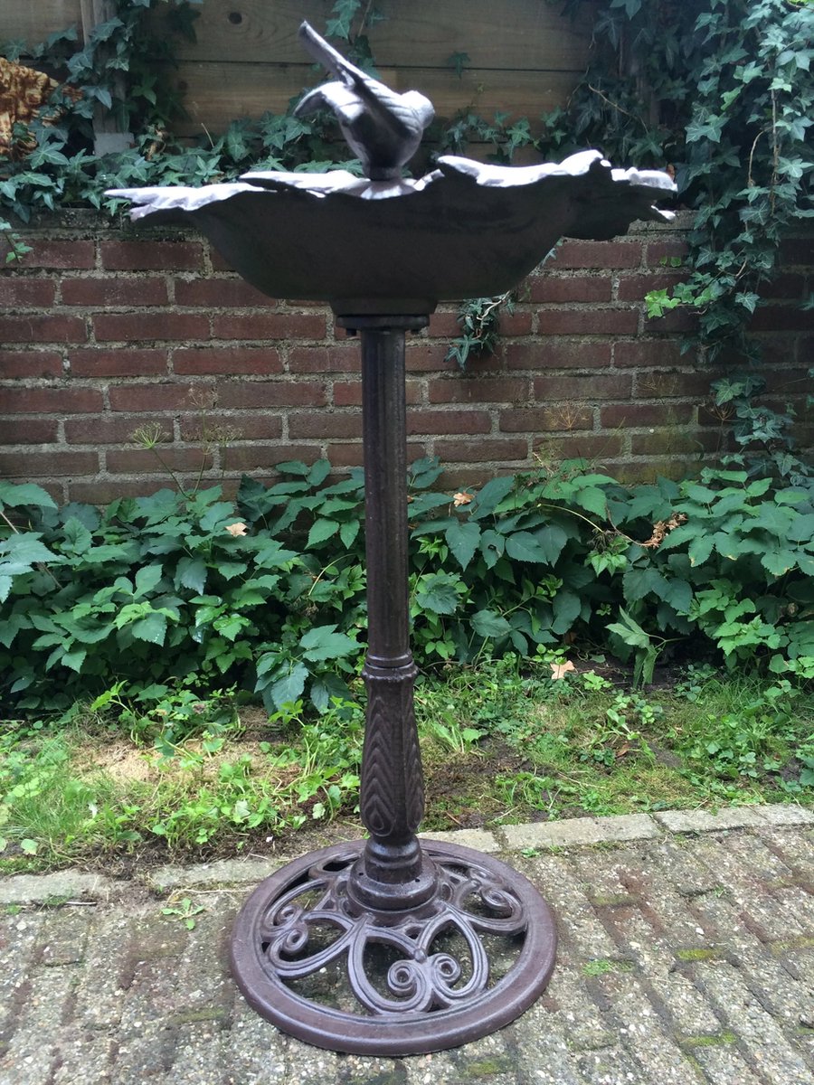 Groot vogelbad op voet, met vogel op de rand, gietijzer | bol