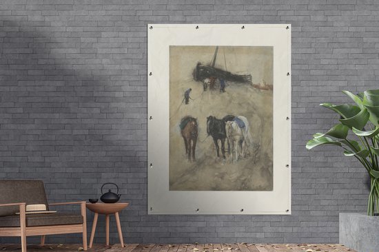 Muurdecoratie buiten Paarden op het strand met op de achtergrond een ...