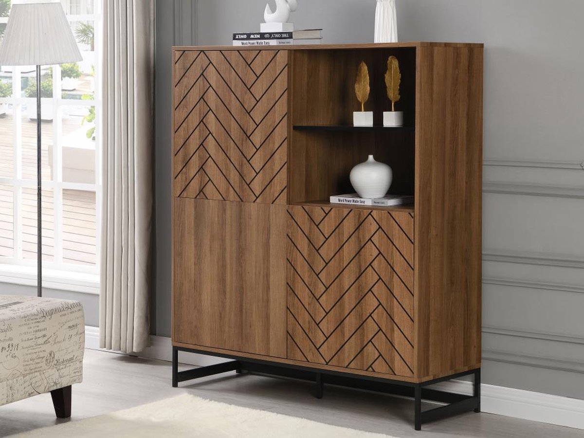 Hoge buffetkast met 3 deuren en 2 nissen - Mdf - Naturel en zwart ...