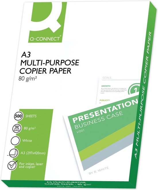 Q-CONNECT kopieerpapier, ft A3, 80 g, pak van 500 vel, wit 5 stuks | bol