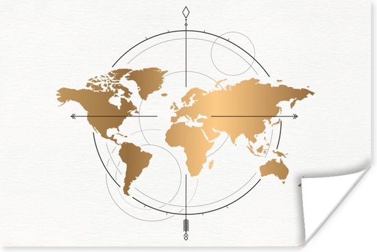 Wereldkaart - Goud - Kompas - Kinderen - Jongens - Meisjes - 90x60 cm ...