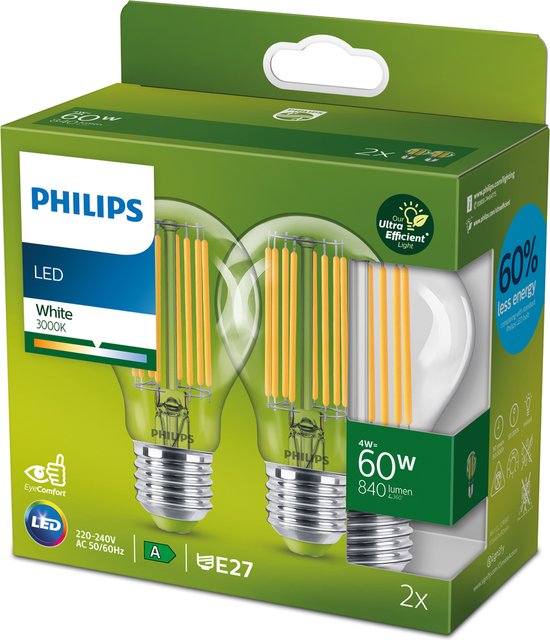 Philips LED lamp Transparant - 60 W - E27 - warmwit licht - 2-pack - Bespaar op... | bol
