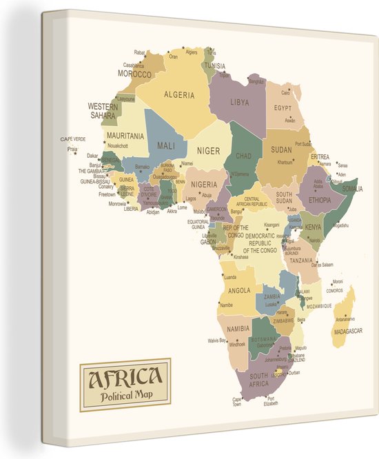Canvas Schilderij Kaart van Afrika retro - 90x90 cm - Wanddecoratie | bol
