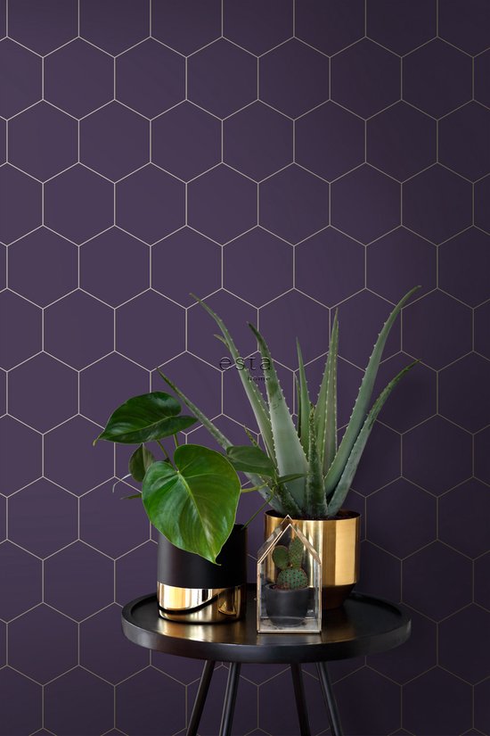 ESTAhome behang hexagon donker paars en goud - 139575 - 0,53 x 10,05 m ...