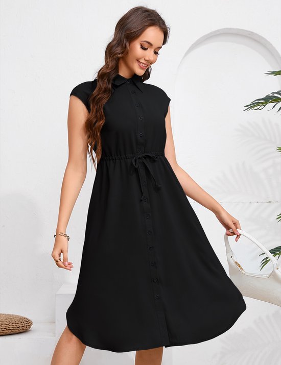 Zomerjurk dames casual overhemdjurk blousejurk met korte mouwen midi-jurk wikkeljurk... | bol