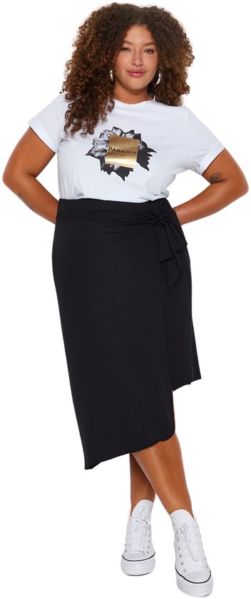 Trendyol Zwarte Wikkel-Zijstrik Midi Gebreide Plus-Size Rok ...