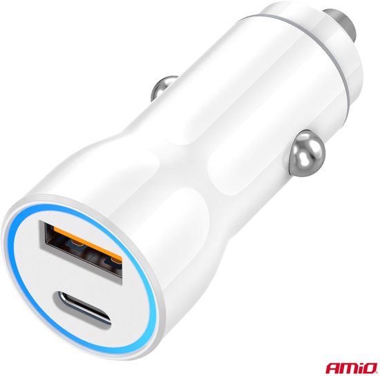 AMiO Autolader Telefoon USB-A + USB-C 20W 12/24V Wit | bol