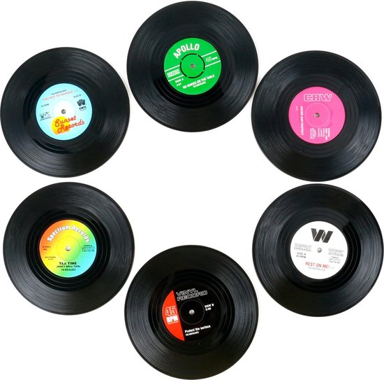 Set van 6 vinyl platen onderzetters - retro muziek - 10,5 cm - vinyl | bol