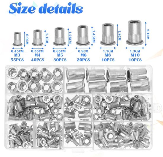 165 stuks metrische klinkmoeren platte kop aluminium M3 M4 M5 M6 M8 M10 - schroefdraad... | bol