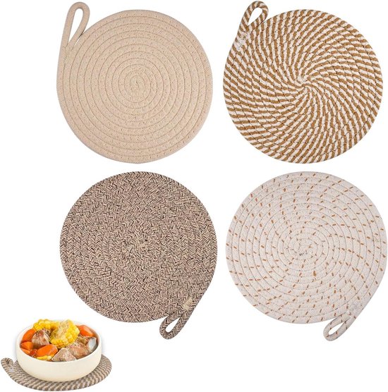 Cotton Coasters 20 cm Round Set of 4 - Thread Weaving Washable for Pots ...