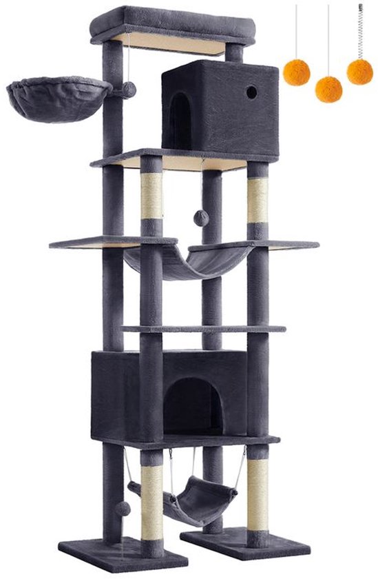 FURNIBELLA-Premium Kattenboom – Extra Hoog (201 cm) met Stabiel Donkergrijs Platform | bol