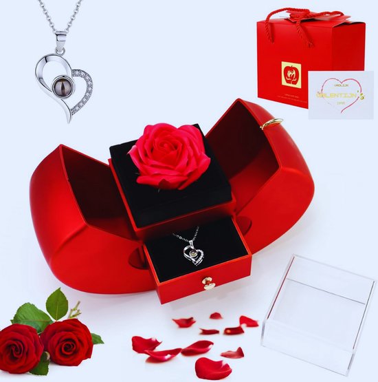 Eeuwige Rode Roos Met 'I Love You' Hart Ketting In 100 Talen - Uniek ...