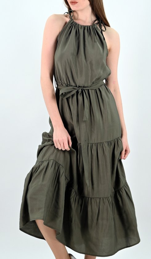 YesMooi - Gelaagde Midi Jurk - Zomerjurk - Kaki - S (36) | bol