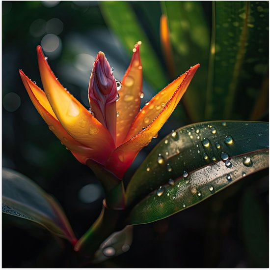 Poster (Mat) - Oranje Paradijsvogelbloem Tussen donker Groene Bladeren ...