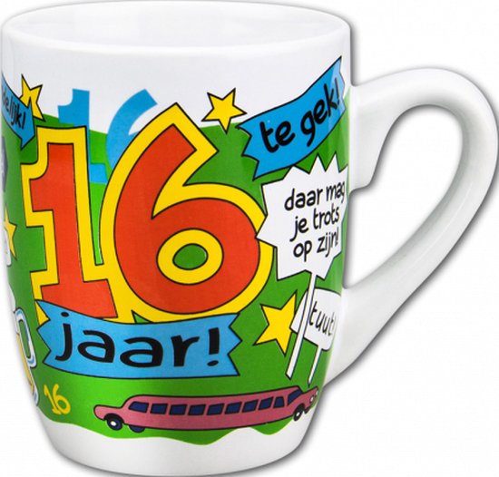Mok - Bonbons - Hoera 16 jaar - Cartoon - In cadeauverpakking met ...