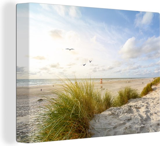 Canvas schilderij - Duin - Zon - Vogel - Strand - Zand - 120x90 cm - Schilderijen op... | bol