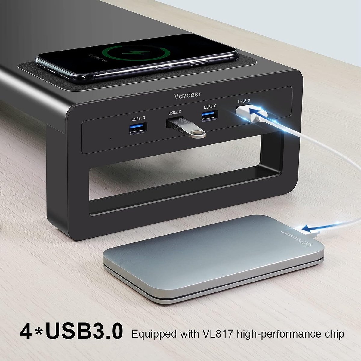 Vaydeer USB 3.0 Monitorstandaard met draadloos opladen | bol.com