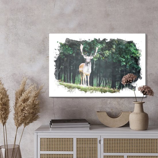 Schilderijkoning - Canvas Schilderij Een Hert In Het Bos Geschilderd Met Waterverf -... | bol