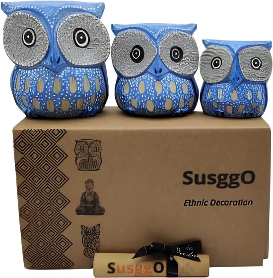 Set van 3 uilen van hout, decoratie, met de hand gesneden, uil van ...