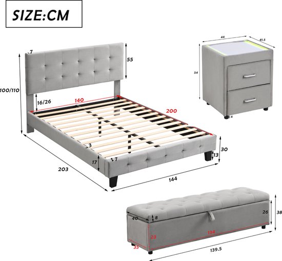 Merax Slaapkamerset 140x200 cm - Gestoffeerd Tweepersoonsbed met 1 ...