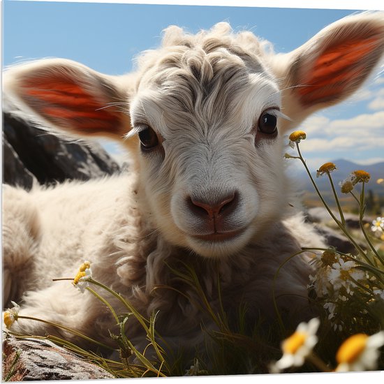 Acrylglas - Dier - Geit - Bloemen - Veld - Gras - 80x80 cm Foto op ...