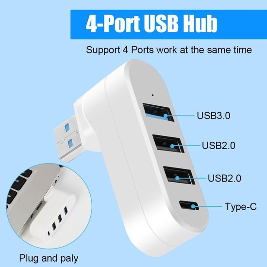 Sander Shop 2 stuks mini USB 3.0 hub-adapter (1x 3.0, 2x 2.0, 1x Type-C ...