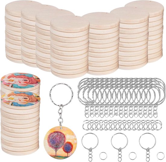 Houten Schijven Met Gat - 40 mm Dik - Sleutelring Set - Voor Doe-Het ...