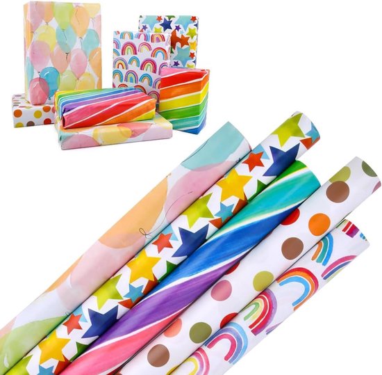 5 Wrapping Paper Rolls 45cm x3m Rainbow Polka Dots Balloon Star Stripes ...
