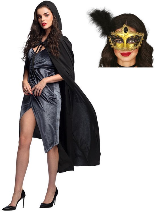 Gemaskerd bal verkleedkleding - Oogmasker goud met veer - Mantel/cape ...