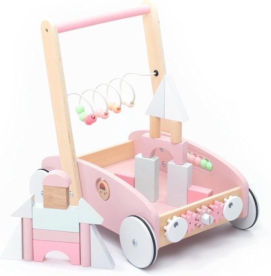 Houten 5-in-1 loopwagen voor peuters met rubberen wielen en ...