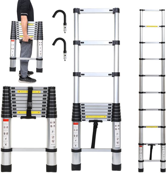 Telescopische Ladder - Telescoopladder - 2,6m zilver + haak, Compact en ...
