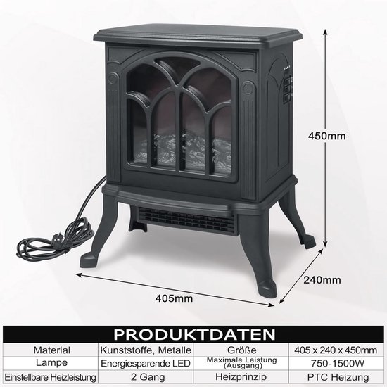 Elektrische open haard met vlameffect en 1500W verwarming - Stil ...