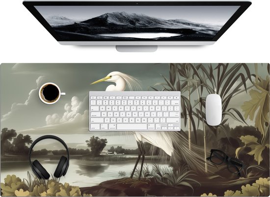 Bureau onderlegger 90x45 cm - Muismat Reiger - Planten - Wolken - Wit ...