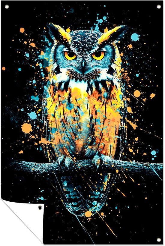 Kleurrijke abstracte uil op tak - Uil poster - Tuinwanddecoratie dier ...