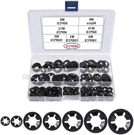 560 stuks zwarte Starlock-sluitringen kit met binnentand-borgring M3 M4 ...