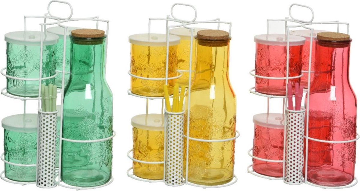 Gele kan 1 liter met 4 drinkglazen met deksel en rietje - Schenkkan ...