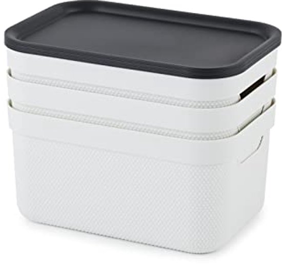 Set van 3 Opbergdozen 5L met Deksel - Wit/Antraciet, Kunststof ...