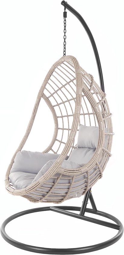 Grote hangstoel met frame en kussens in poly-rotan, grijs-beige | bol