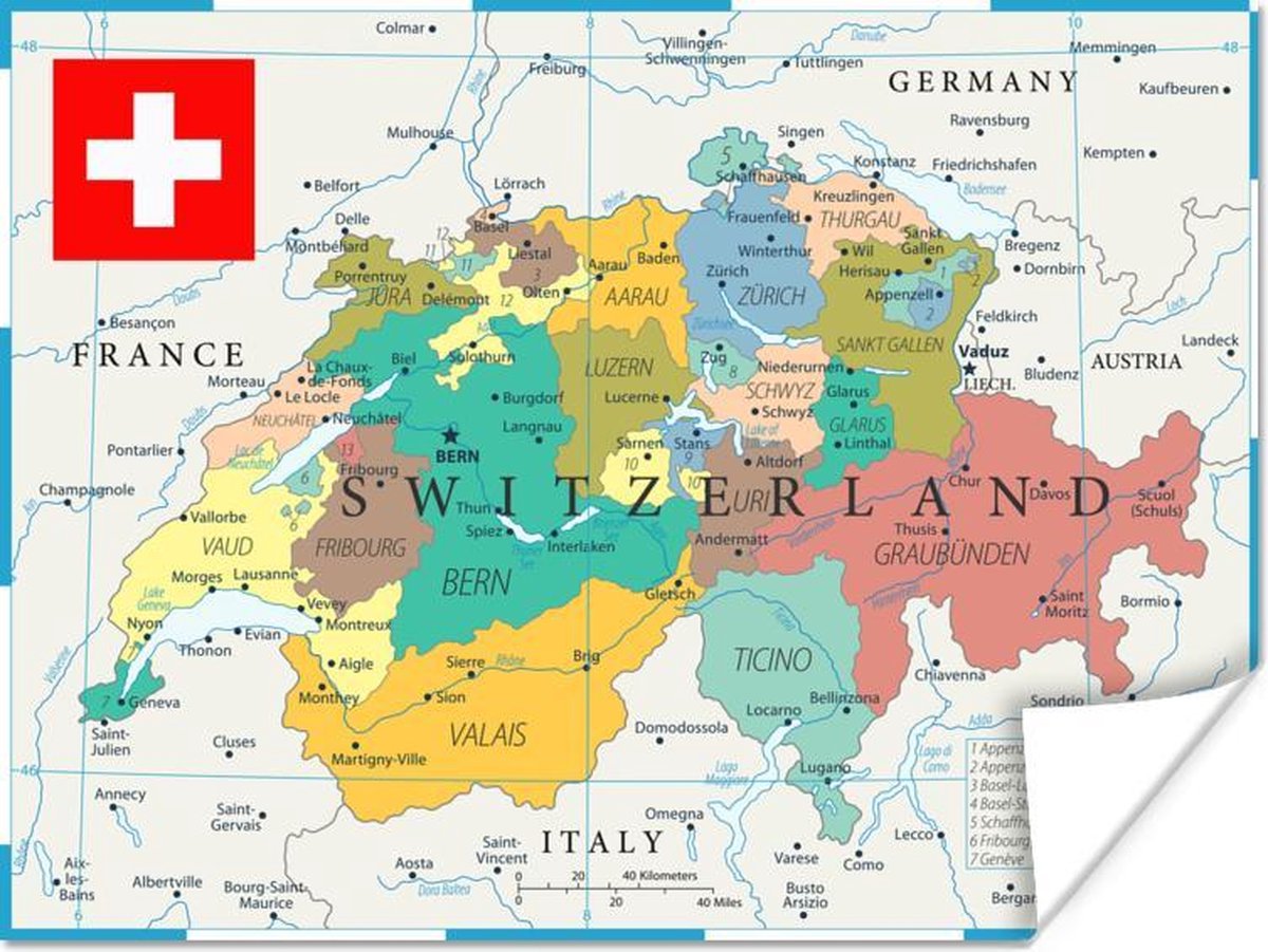 Poster Kleurrijke kaart van Zwitserland - 40x30 cm | bol.com