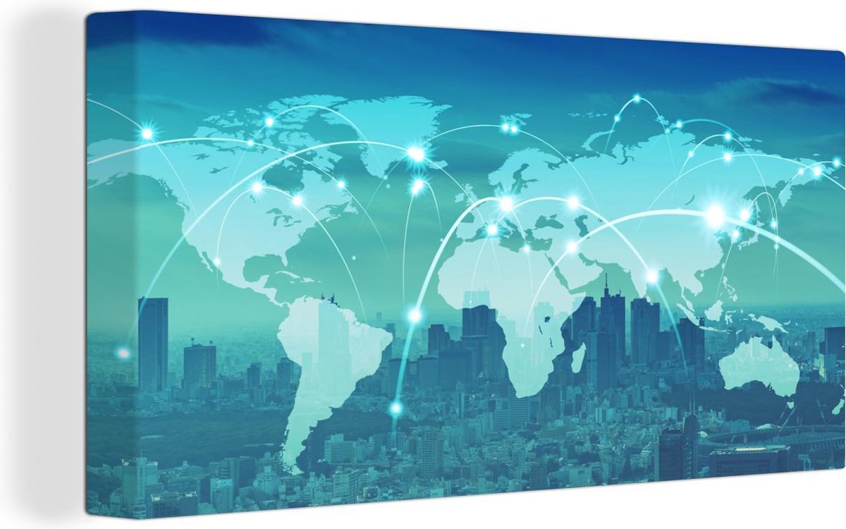 Canvas Wereldkaart - 80x40 - Wanddecoratie Wereldkaart - Netwerk ...