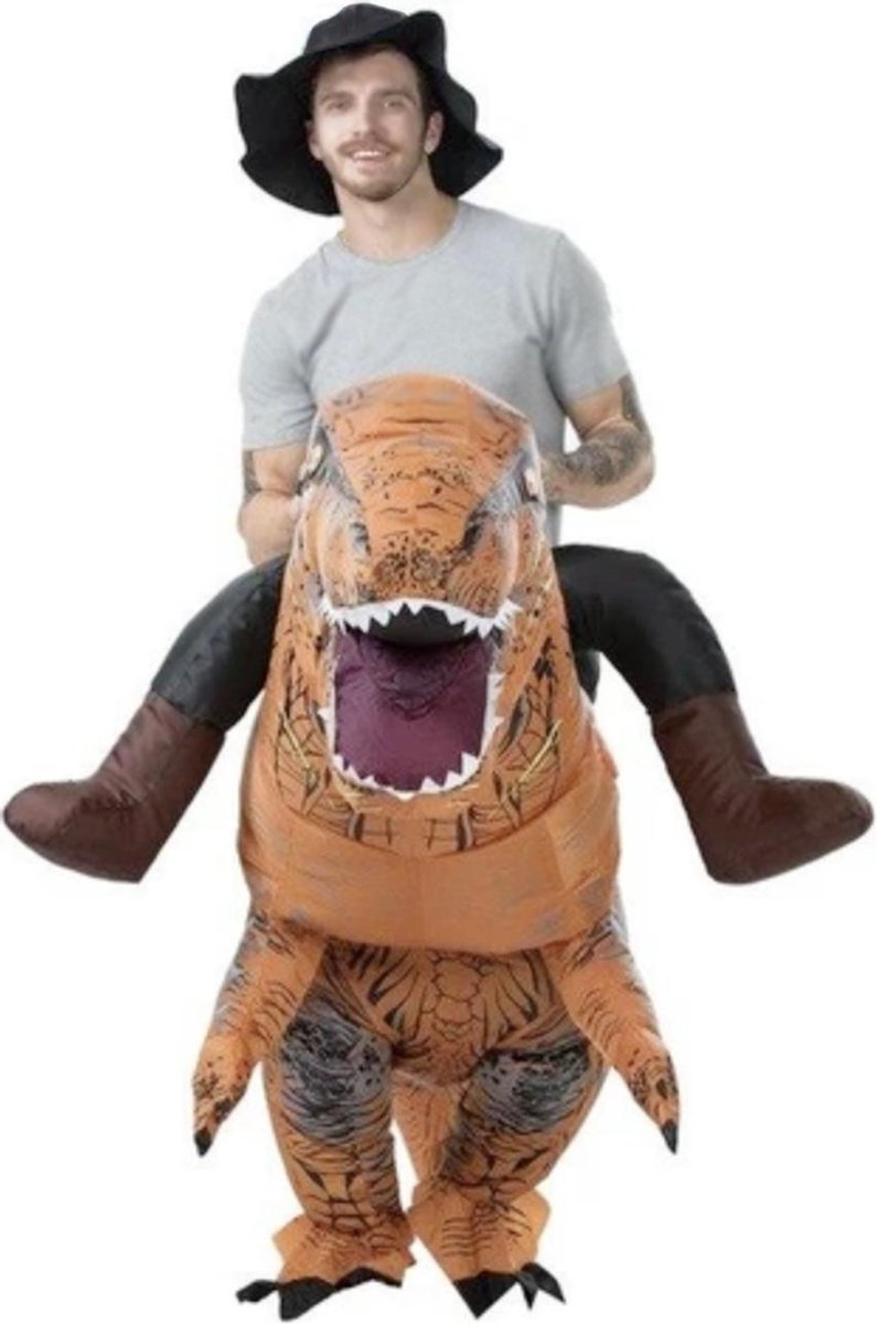 Opblaasbaar rijdend op T-rex kostuum bruin dino pak dinosaurus Jurassic ...