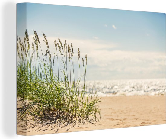 Canvas schilderij - Strand - Gras - Zee - Golf - Canvas doek - 30x20 cm - Schilderijen... | bol.com