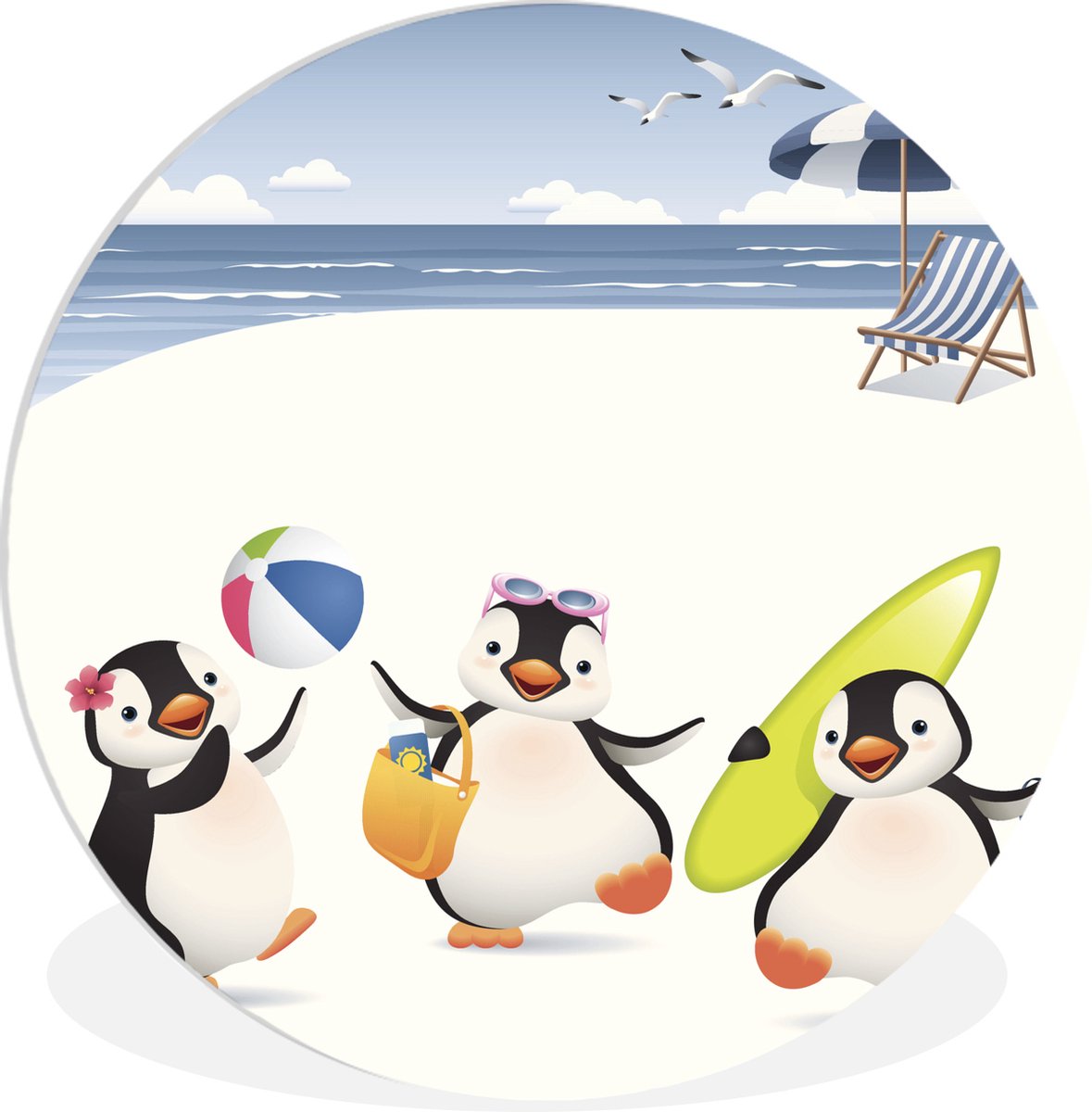 Illustration de trois pingouins jouant sur la plage Plaque murale en ...
