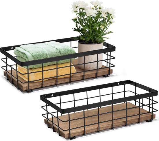 Goodivery ® Stijlvolle Set van 2 Kleine Metalen Mandjes met Houten ...